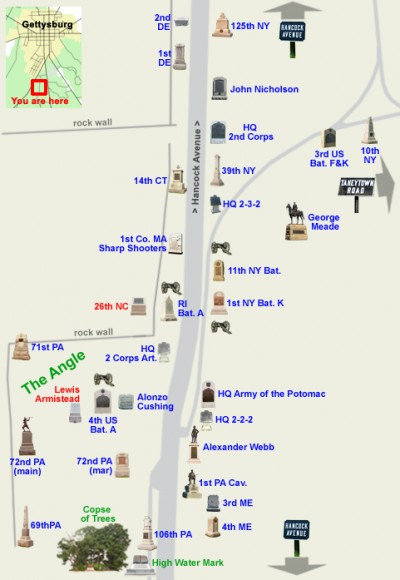 Tour map of The High Water Mark area on the Gettysburg battlefield