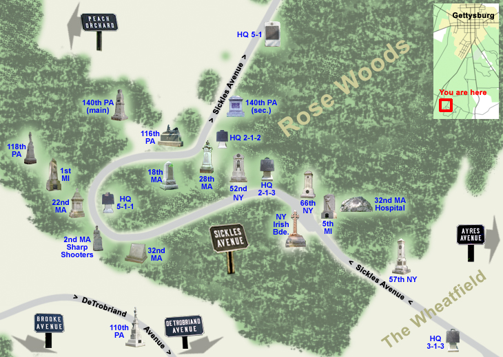 Tour map of Sickles Avenue in the Rose Woods at Gettysburg